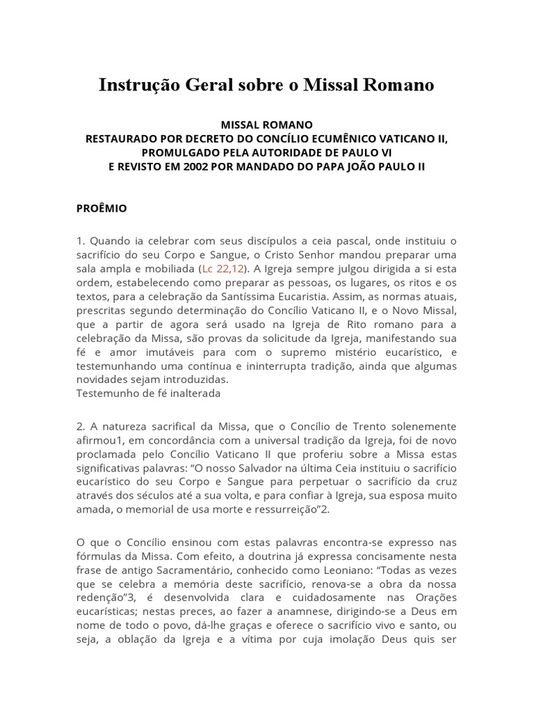 Instrução Geral Sobre o Missal Romano | PDF | Missa (liturgia) | Eucaristia