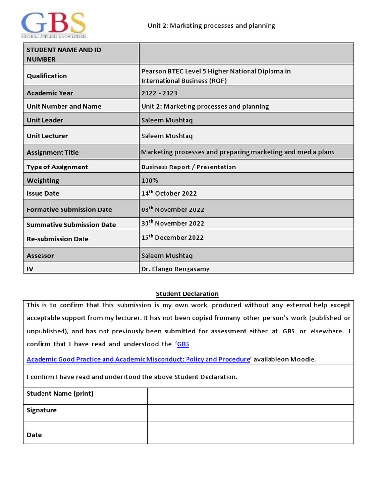 Approved - AB Unit 2 Marketing Processes and Planning | PDF | Marketing ...