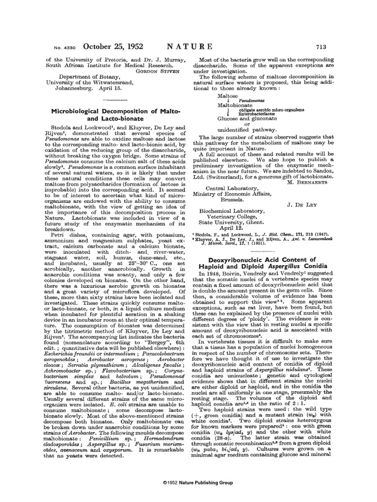 October 25, 1952 Nature: Microbiological Decomposition of Malto-And ...
