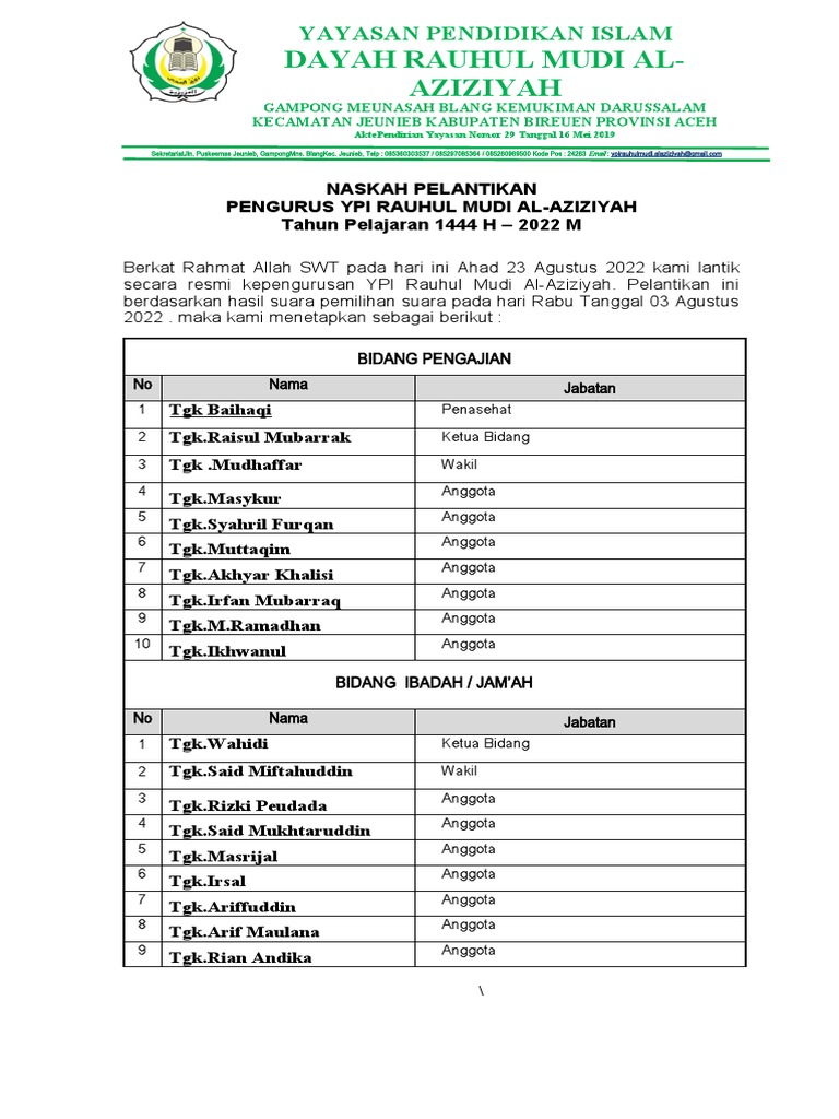 Contoh Naskah Pelantikan Pengurus Ypi | PDF