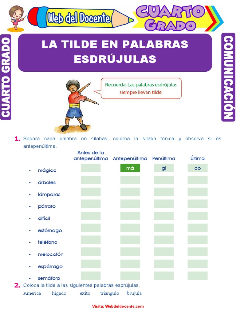 La Tilde en Palabras Esdrújulas para Cuarto Grado de Primaria | PDF