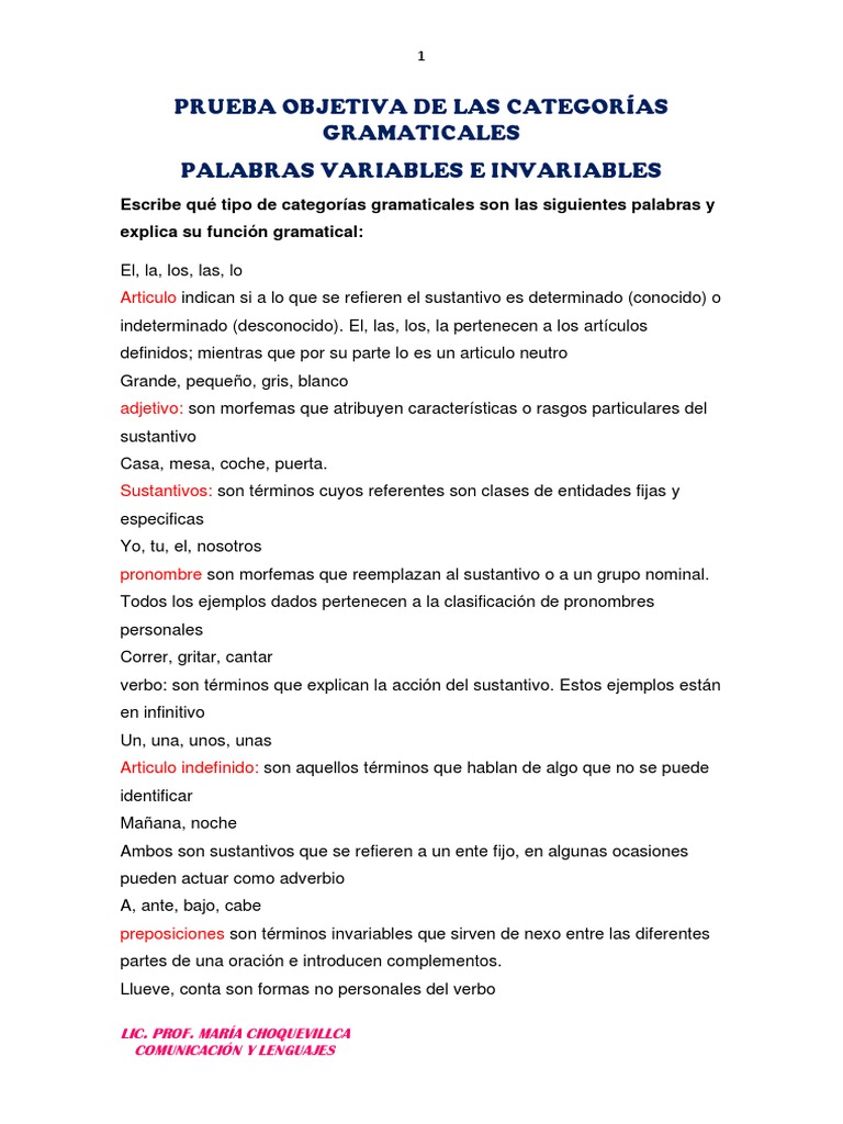 Evaluación de Lenguaje Palabras Variables e Invariables | PDF | Sustantivo | Palabra