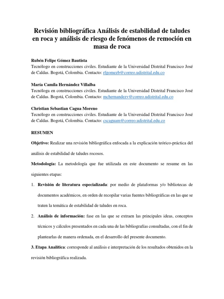 Artículo de Revisión - Análisis de Estabilidad de Taludes en Roca | PDF ...