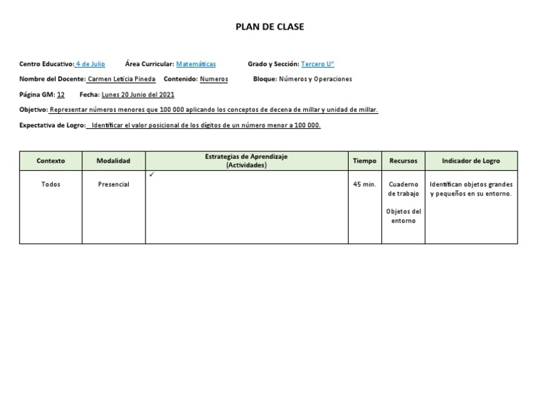 Ejemplo de Plan de Clase | PDF