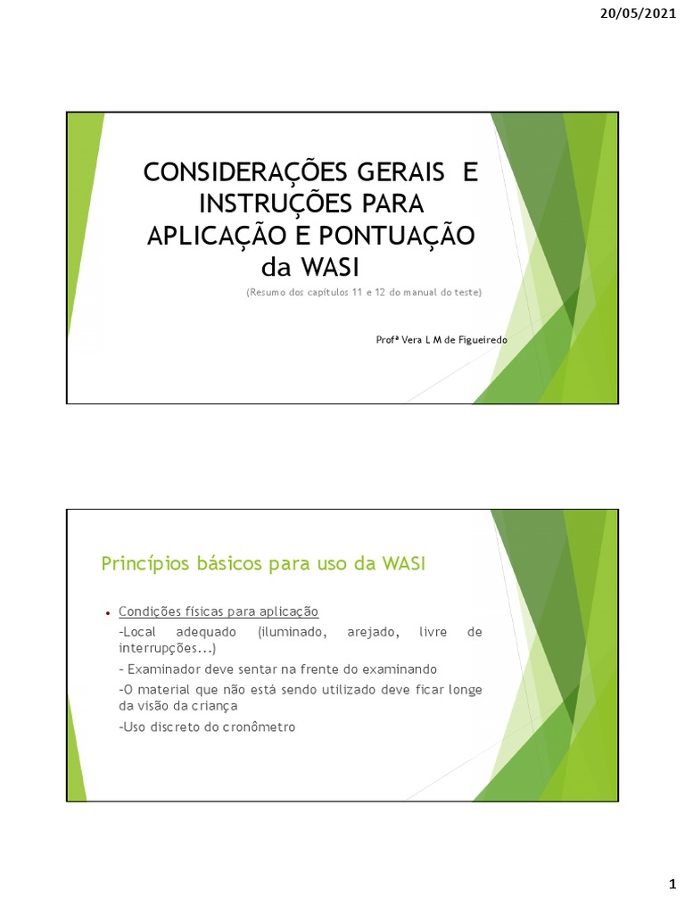 WASI INSTRUÇÕES PARA APLICAÇÃO E PONTUAÇÃO Alunos | PDF | Quociente de ...