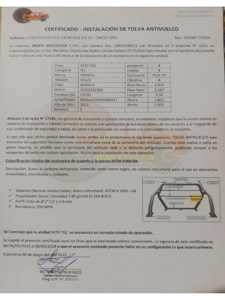 Certificado Antivuelco M7D - 762 | PDF