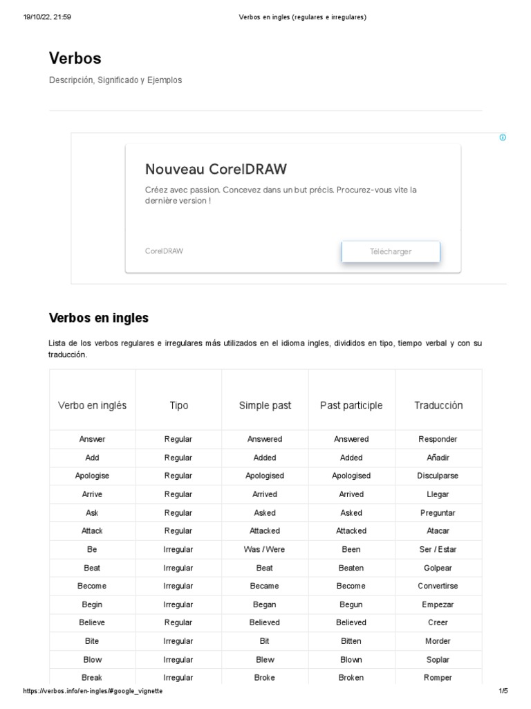 Verbos En Ingles Regulares E Irregulares Pdf
