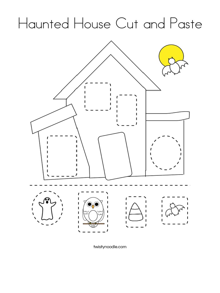 Haunted House Cut and Paste Coloring Page - Twisty Noodle | PDF