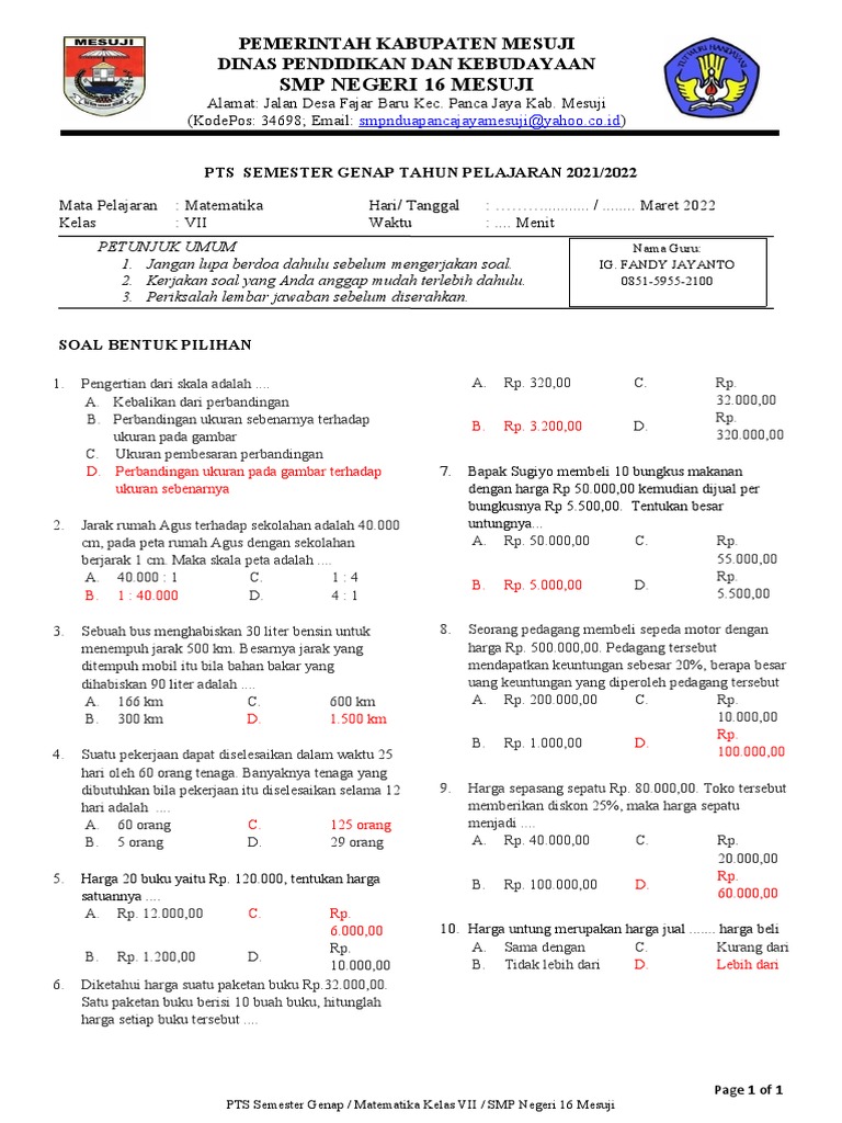 SMPN16 MTK PTS Genap 2022 Kelas 7 SOAL | PDF