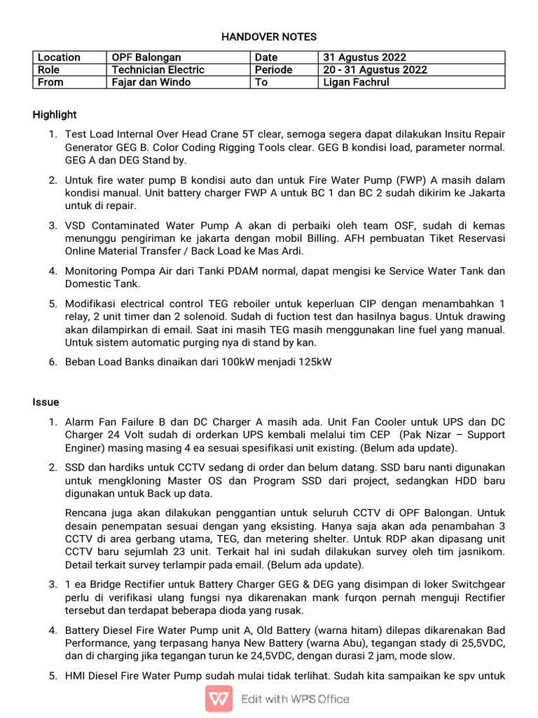 2022 08 31 Electrical Handover From Fajar Windo To Ligan Fachrul | PDF | Teknologi & Rekayasa