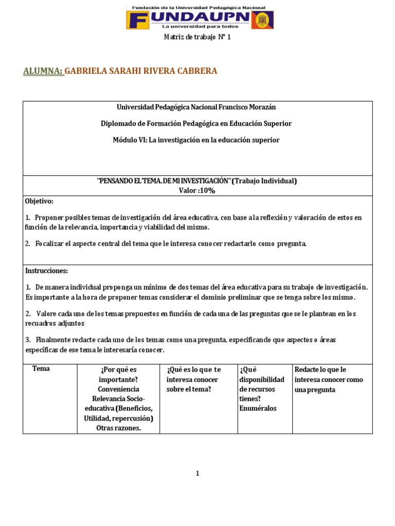 Matriz de Trabajo Proyecto de Investigación - Gabriela Rivera | PDF ...
