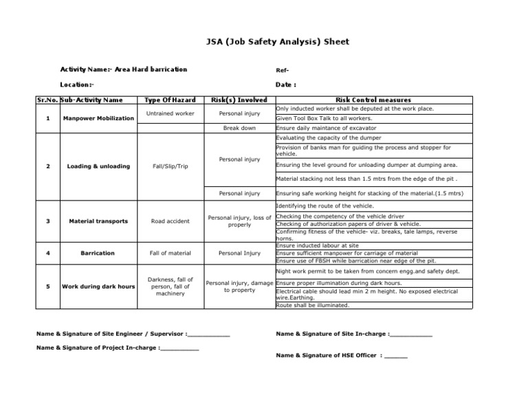 JSA - Area Hard Barrication | PDF | Transport | Occupational Safety And ...