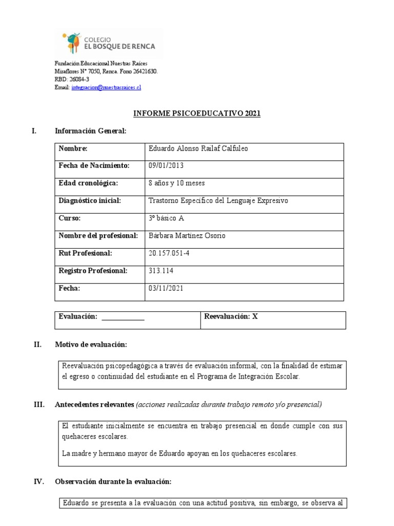 Informe Psicoeducativo Cierre 2021. Eduardo Railaf | PDF | Evaluación ...