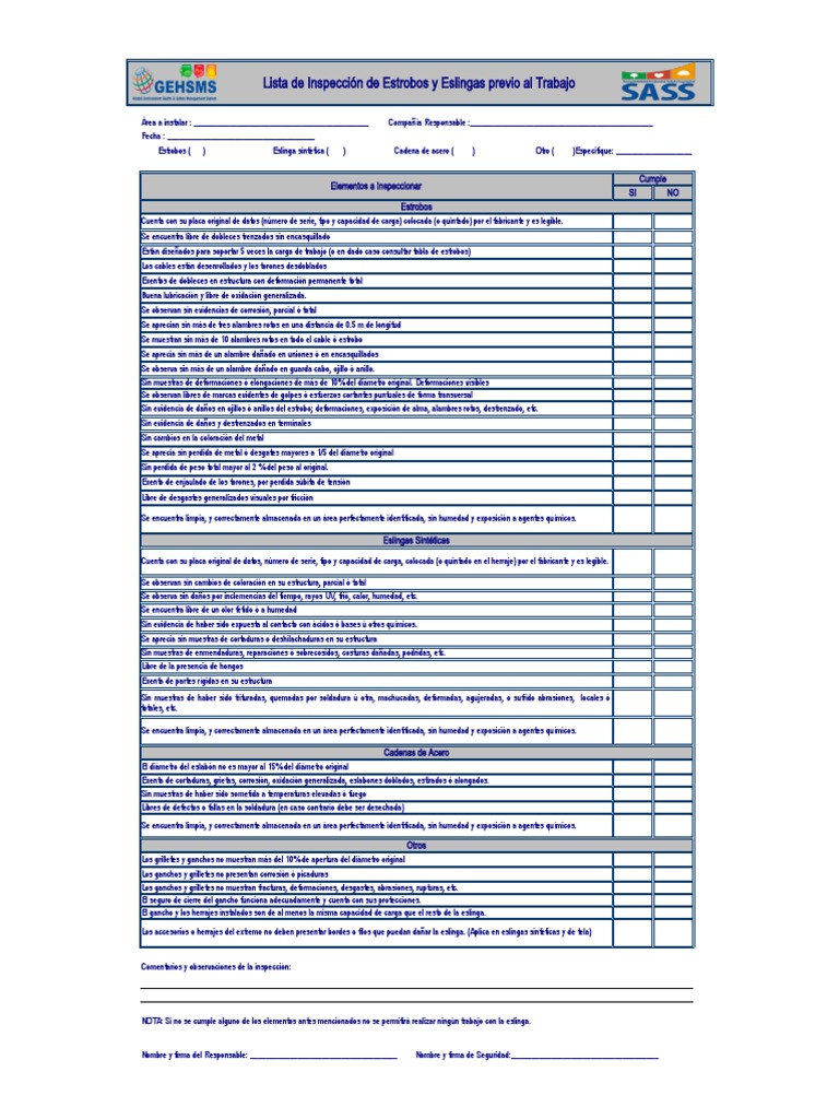 2017 Checklist de Estrobos y Eslingas | PDF | Corrosión | Ingeniería de Edificación