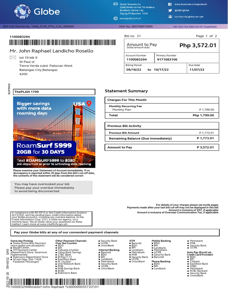 Globe Bill 09171083106 | Download Free PDF | Banks | Value Added Tax
