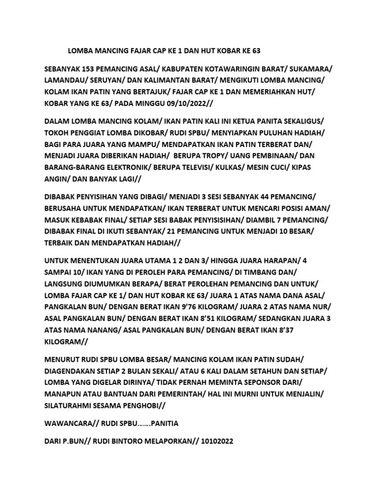 Lomba Mancing Fajar Cap Ke 1 Dan Hut Kobar Ke 63 | PDF | Griya & Taman