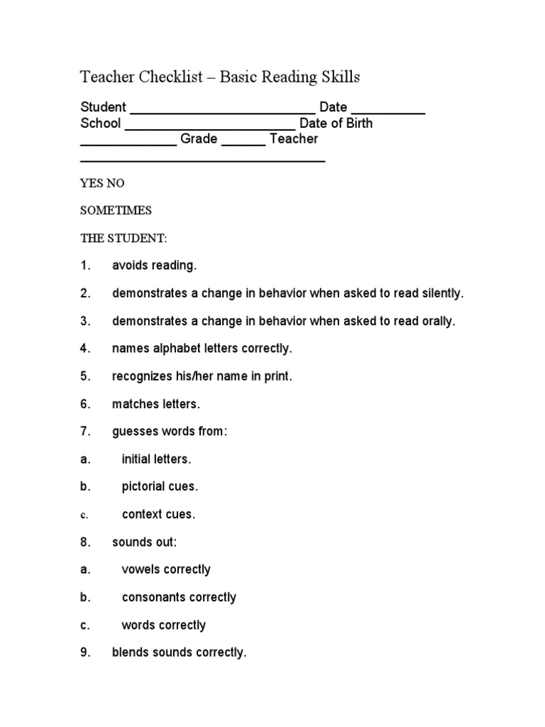 Teacher Checklist Basic Reading Skills | PDF | Question | Mathematics