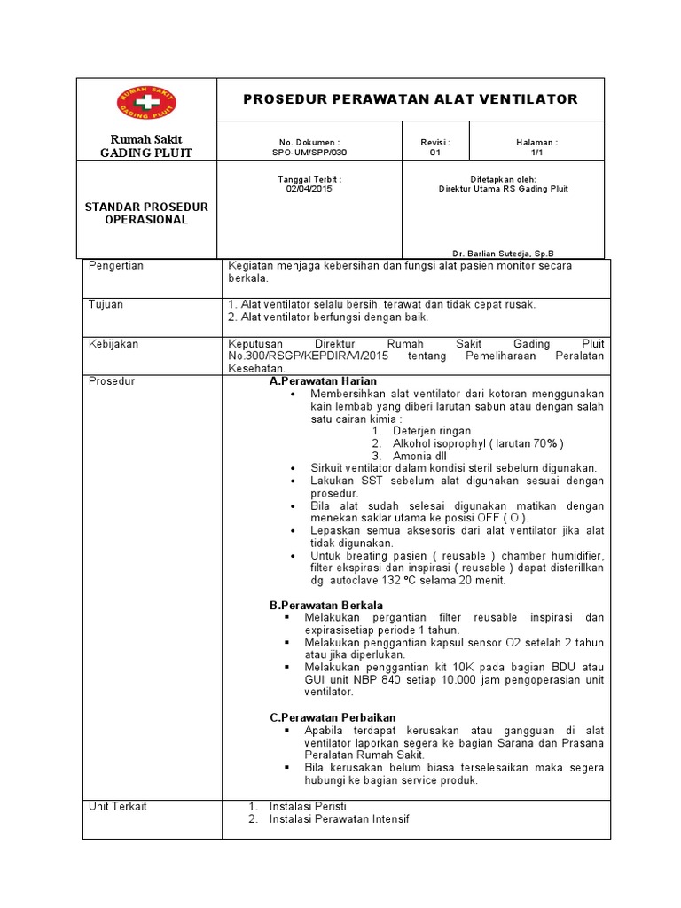 Spo-Um-Spp-030 Prosedur Perawatan Alat Ventilator | PDF