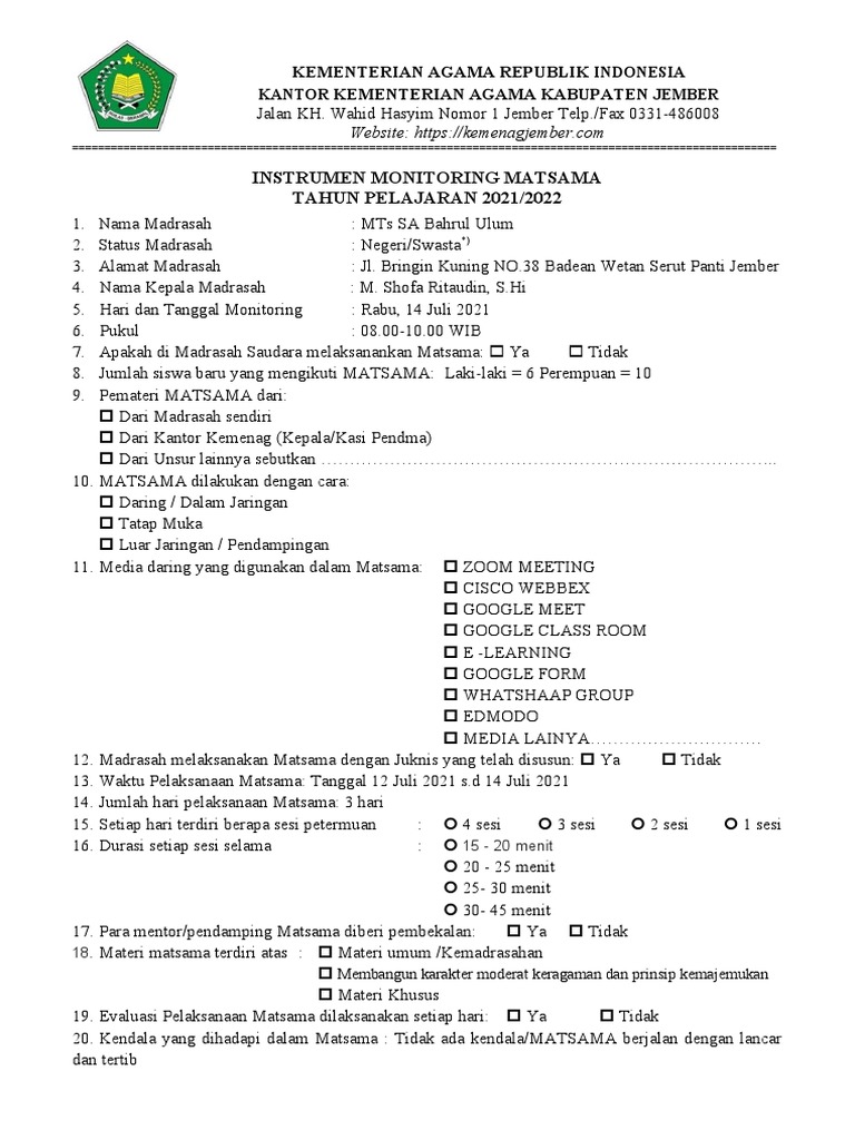 Instrumen Monev Matsama | PDF