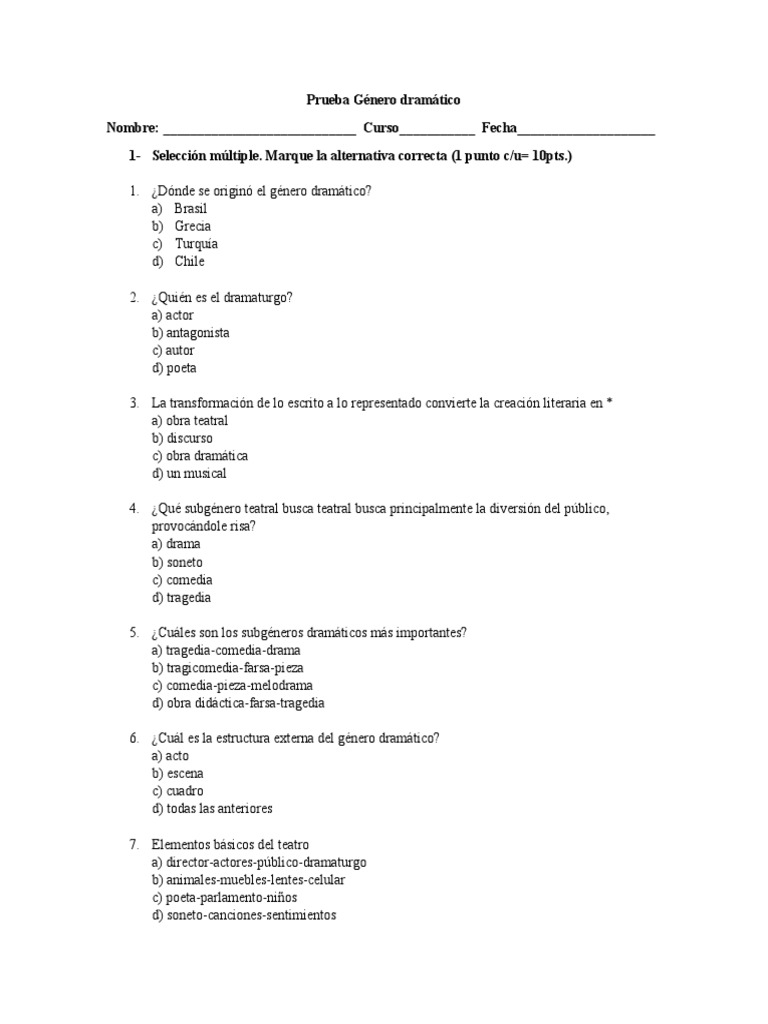 Prueba Género Dramático FINAL | PDF | Teatro