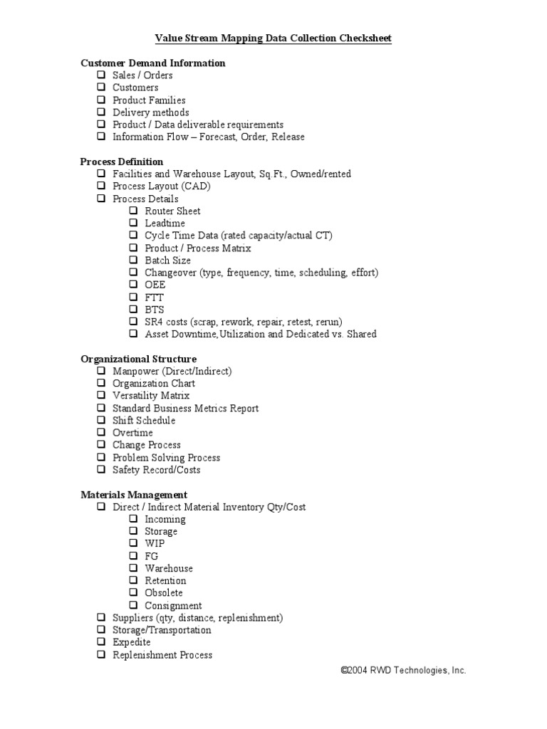Value Stream Mapping Data Collection Check Sheet | PDF | Warehouse ...