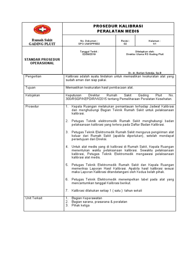 Spo-Um-Spp-002 Prosedur Kalibrasi Peralatan Medis | PDF