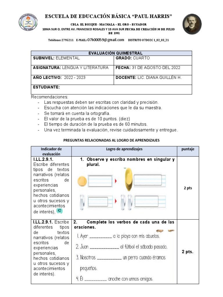 Examen Quimestral Lengua y Literatura | PDF | Educación primaria ... Examen Quimestral Lengua y Literatura | PDF | Educación primaria ...
