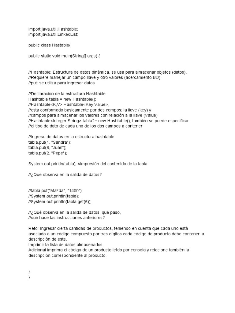 Uso de Hashtable en Java: Ejemplos y Retos | PDF