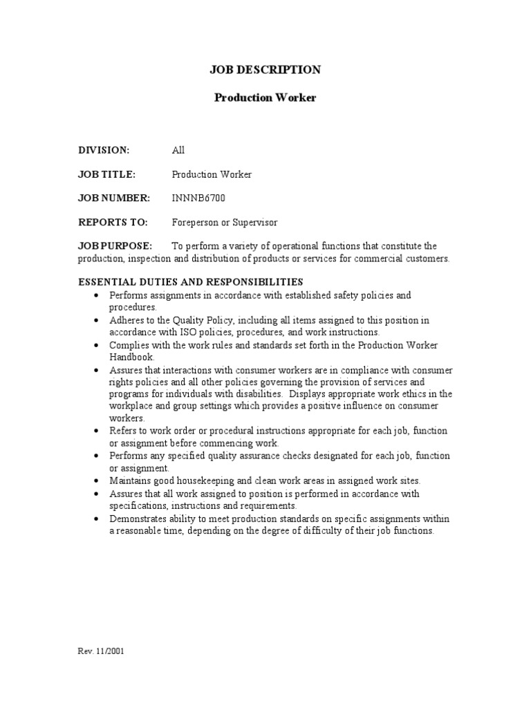 Job Description, Production Worker | PDF | Disability | Employment