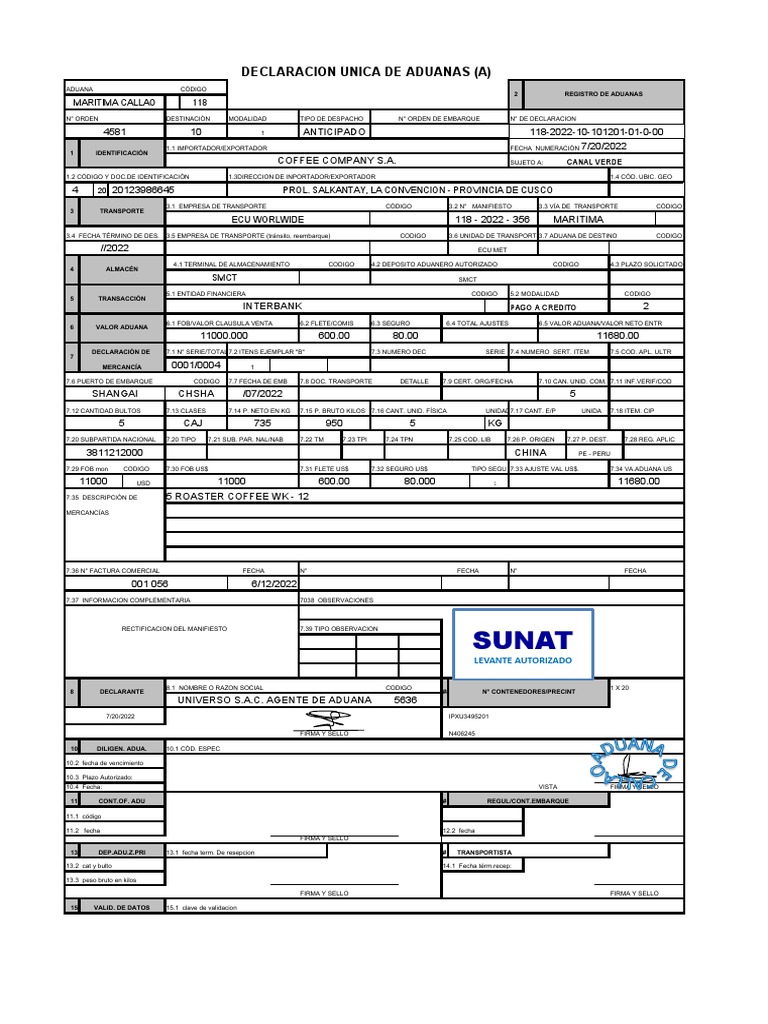 Sunat: Declaración Única de Aduanas (A) | PDF | aduana | Gestión de la cadena de suministro