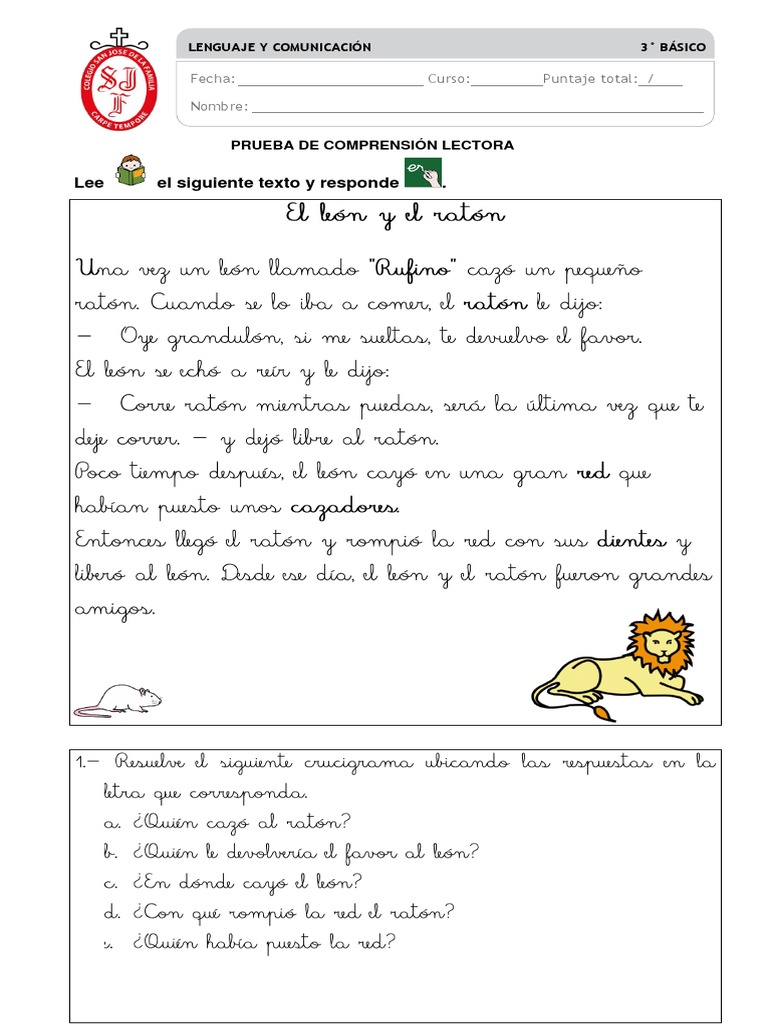 3° Básico Prueba de Comprensión Lectora (Idea) | PDF