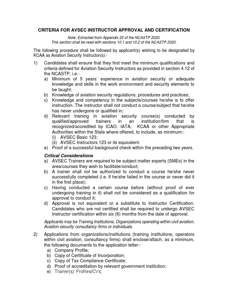 Criteria For Avsec Instructor Approval and Certification | PDF ...