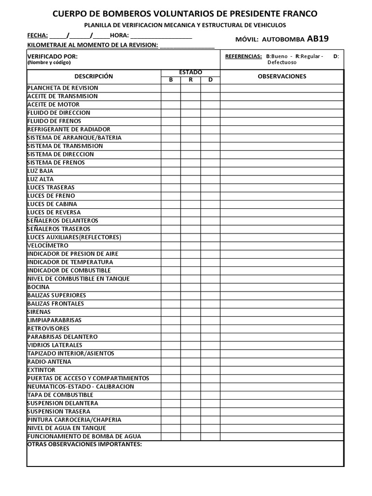 Planilla de Control Mecanico AB19-1 | Descargar gratis PDF | Camion de ...