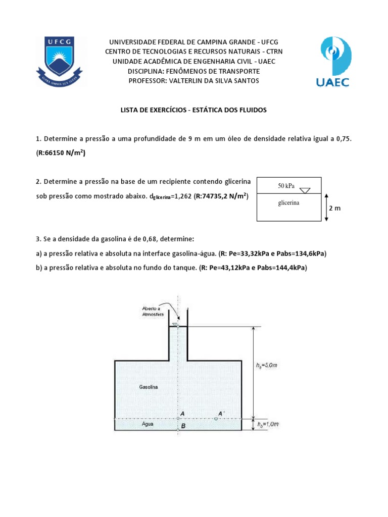 02 Lista de Exercicios - Estatica Dos Fluidos | PDF | Pressão | Medição ...