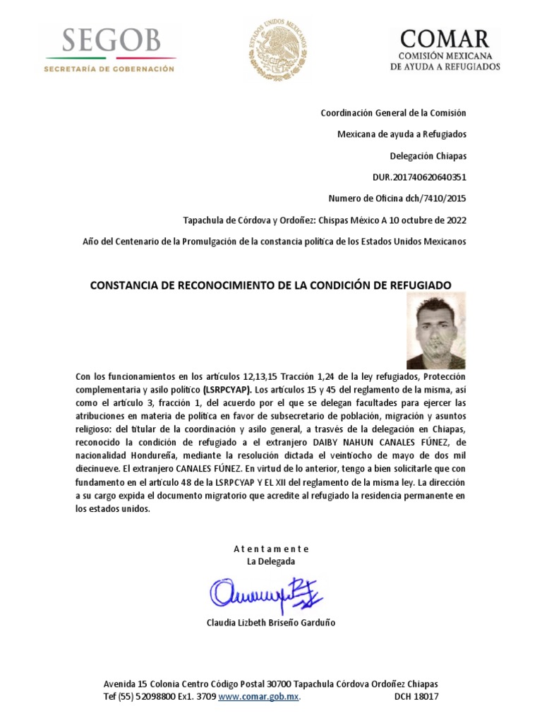 Constancia de Reconocimiento de La Condición de Refugiado Daiby Canales ...