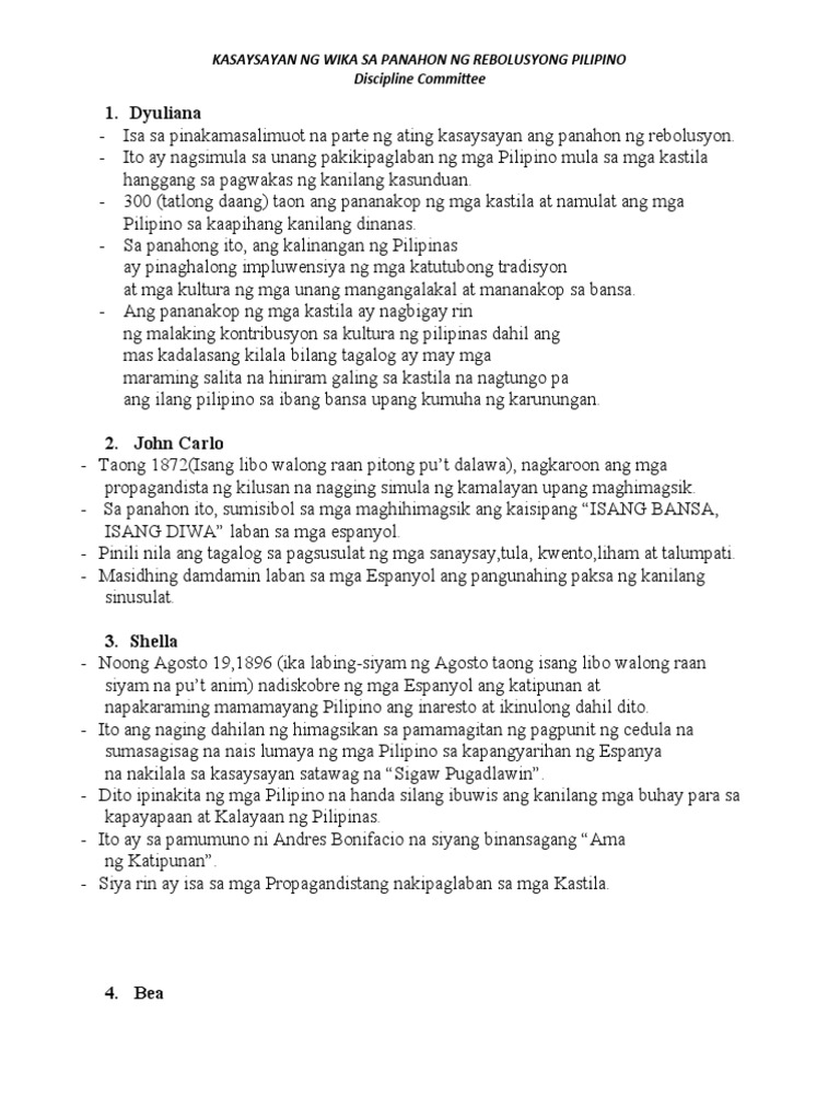 Discipline Committee (Kasaysayan NG Wika Sa Panahon NG Rebolusyong Pilipino) | PDF