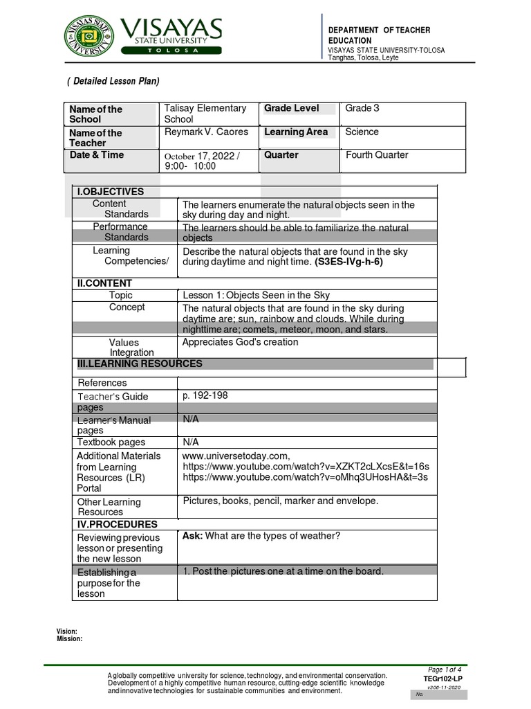 CAORES REYMARK V.BEED2BLK.53 - FINAL REQUIREMENT IN TEGr102 REVISED LESSON PLAN 1 | PDF | Sky ...