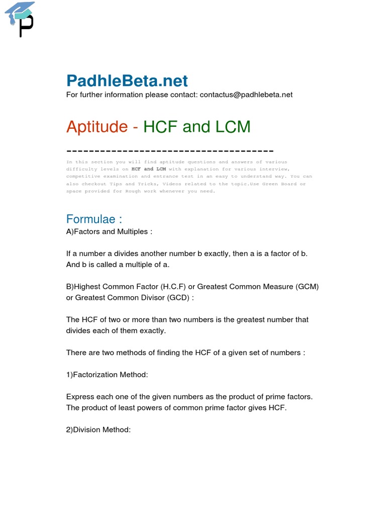 Aptitude HCF and LCM | PDF | Arithmetic | Mathematics