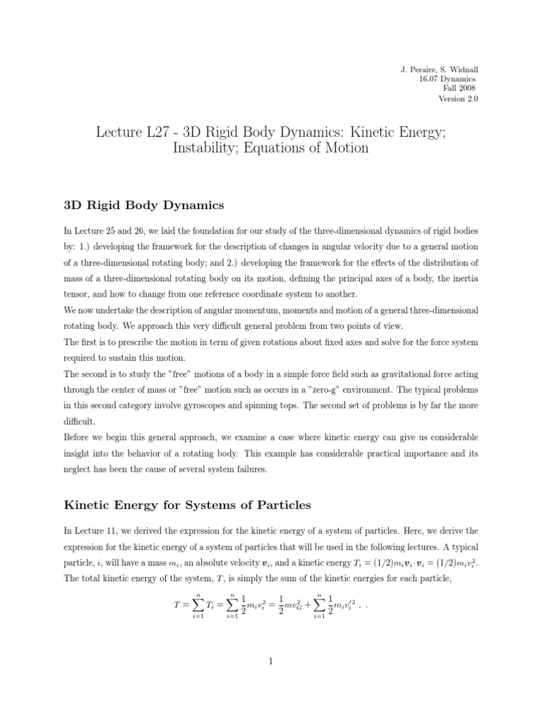 Lecture L27 - 3D Rigid Body Dynamics: Kinetic Energy Instability Equations of Motion | PDF ...