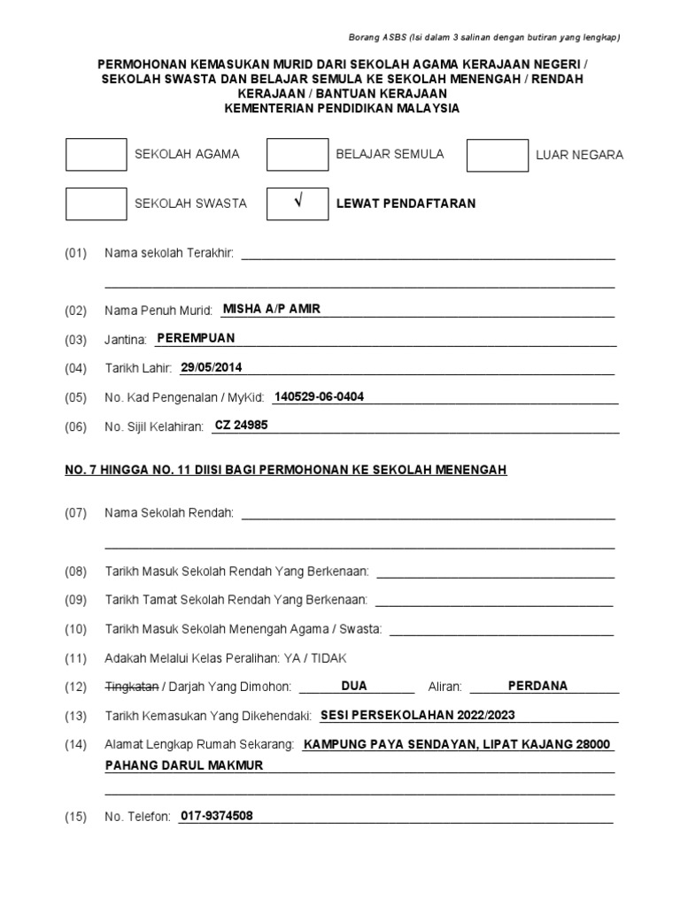 Permohonan Kemasukan Murid Ke Sekolah Kerajaan (Terkini) 2 | PDF