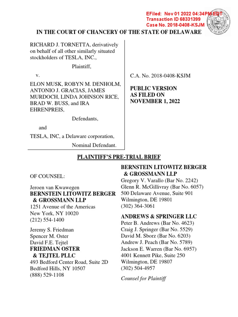 Tornetta v. Musk Et Al - Tesla Shareholders' CEO Compensation Plan ...