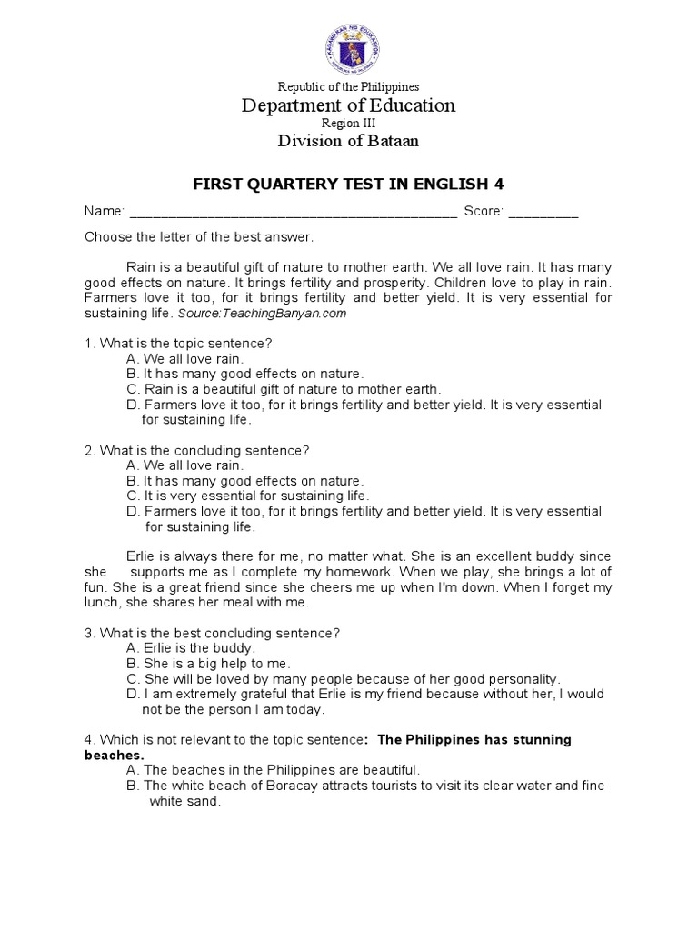 English 4 First Quarter Test Guide | PDF
