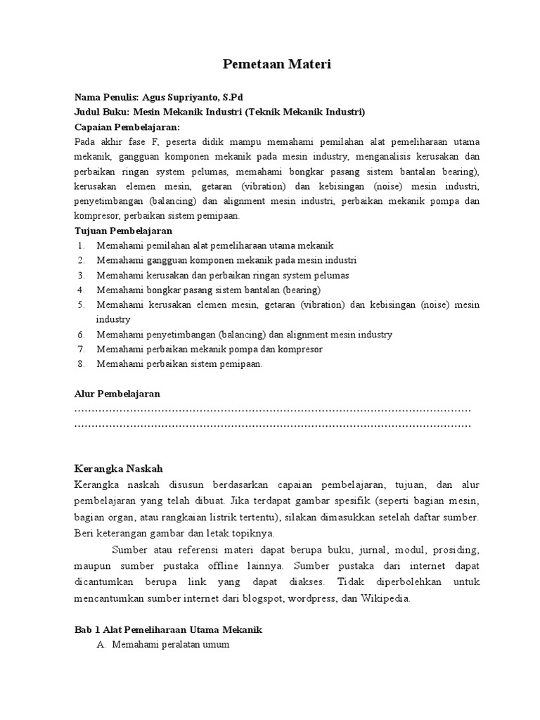 Format Pemetaan Materi Mesin Mekanik Industri | PDF