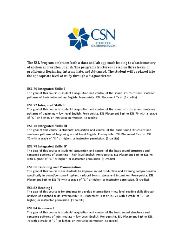 1 ESL Course Descriptions | PDF | English As A Second Or Foreign ...