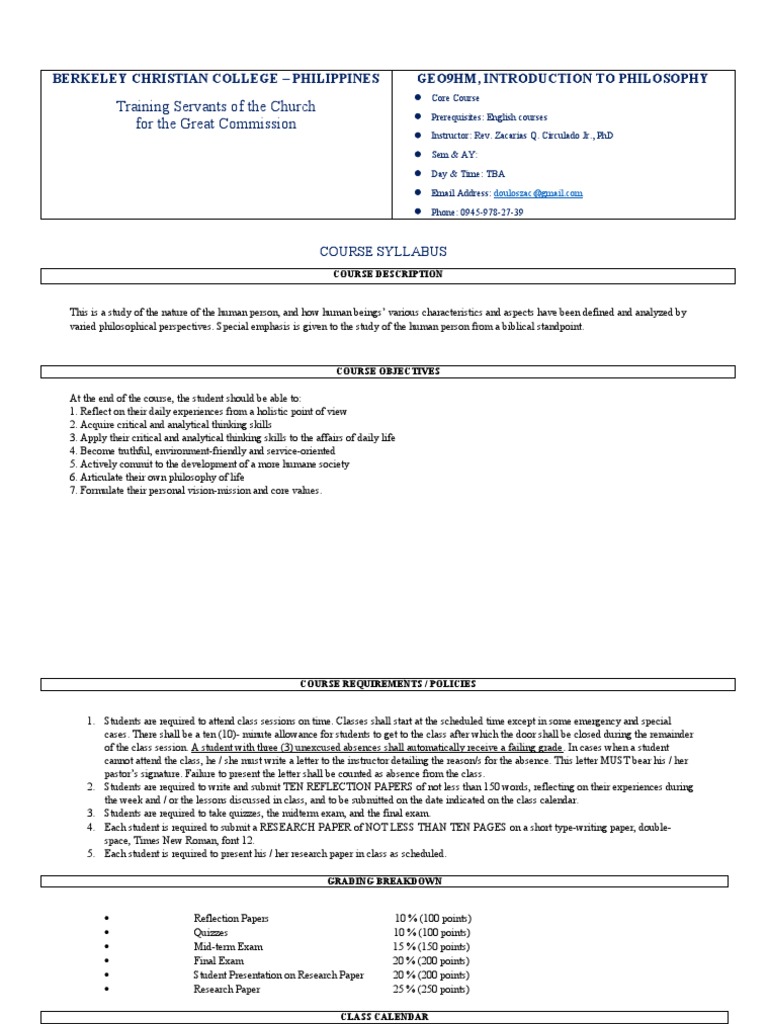 CHED Course Syllabus INTRO TO PHILO | PDF | Teaching Method | Cognitive ...