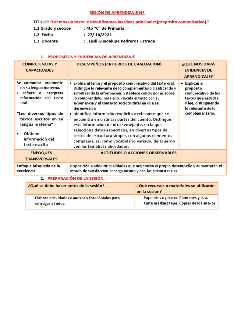 Sesion Idea Principal de Un Texto | PDF | Aprendizaje | Ciencia cognitiva