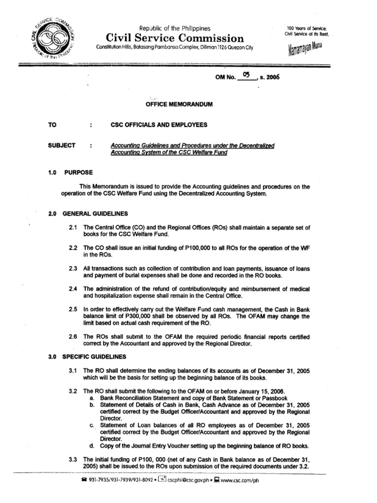 Office Memorandum 005 S. 2006 Welfare Fund Decentralized Accounting ...