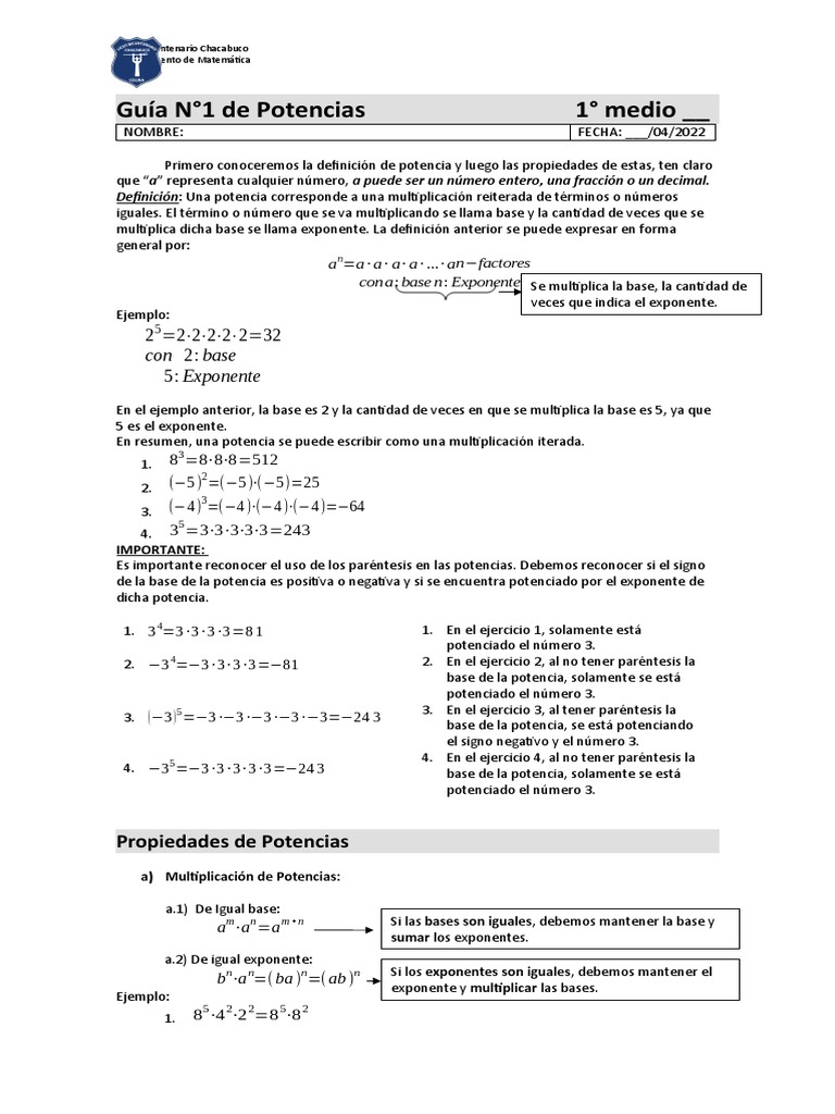 Guía N°1 Potencias | PDF | Exponenciación | Multiplicación