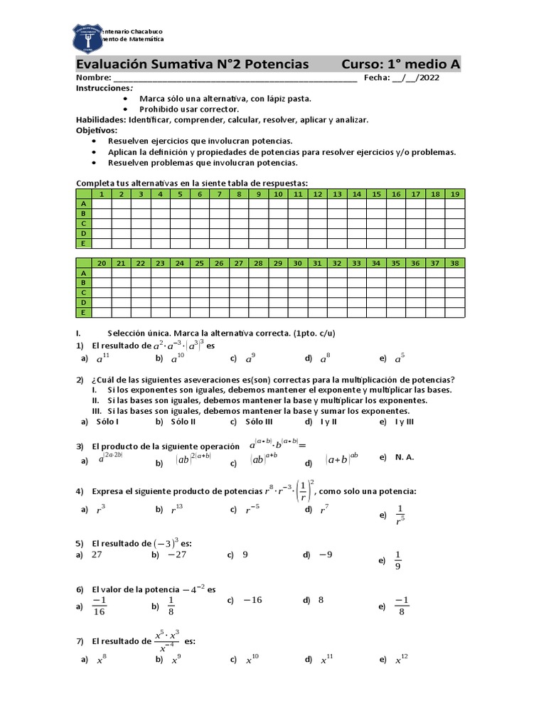 Evaluación Sumativa N°2 Potencias | PDF | Multiplicación | Exponenciación