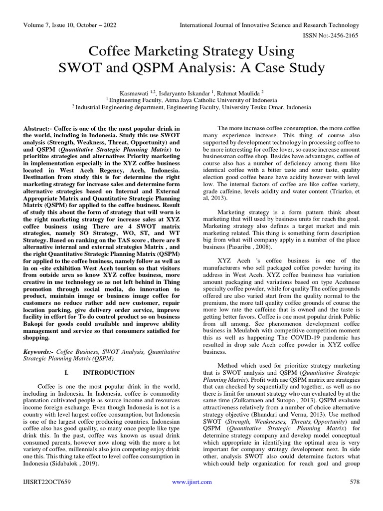Coffee Marketing Strategy Using SWOT and QSPM Analysis A Case Study ...